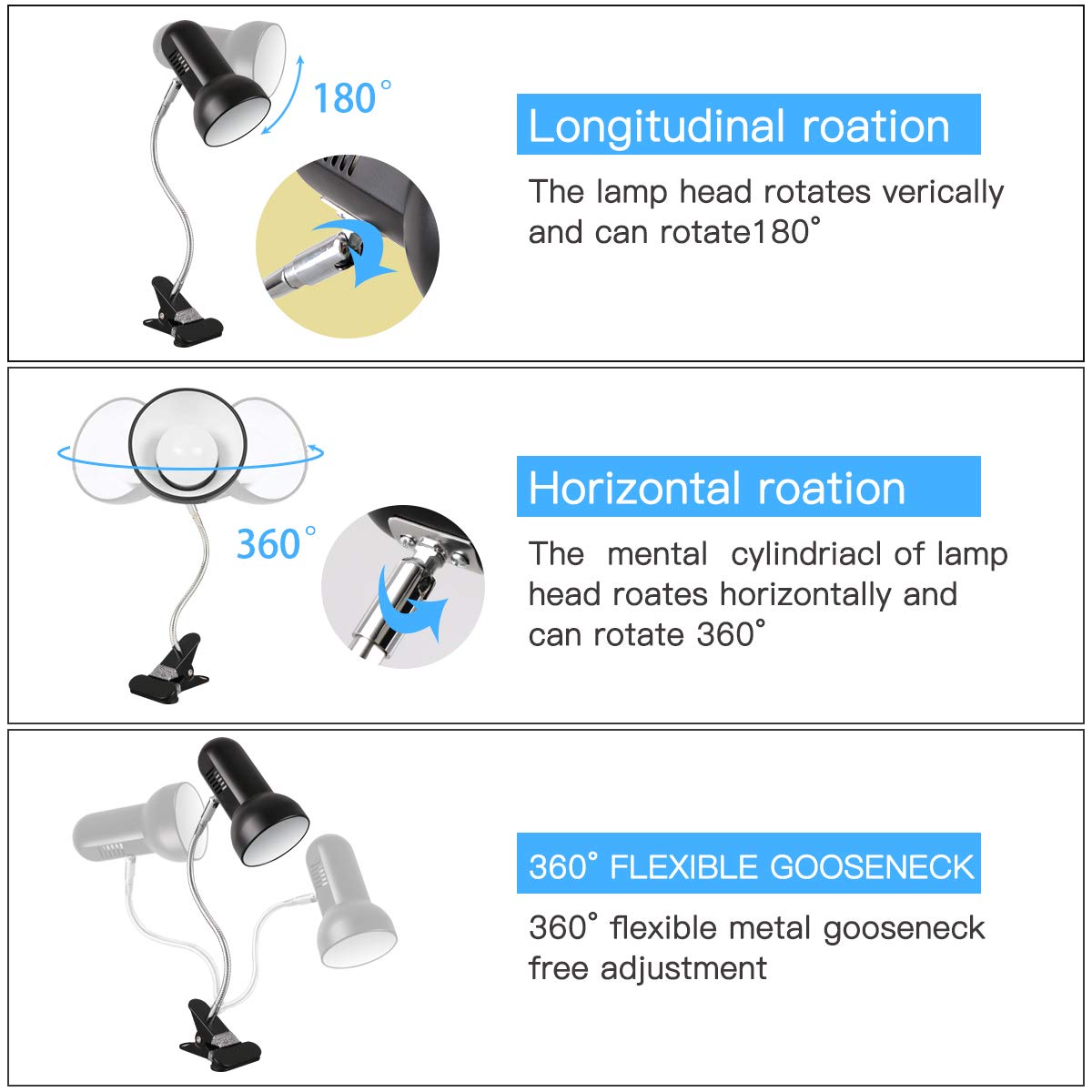 SZMANWEISI Clamp Desk Lamps 360 ° Flexible Clip on Light,Portable Book Reading Light,Clip on Desk/Table/Bed/Piano/headboard Light Home/Bedroom Lighting