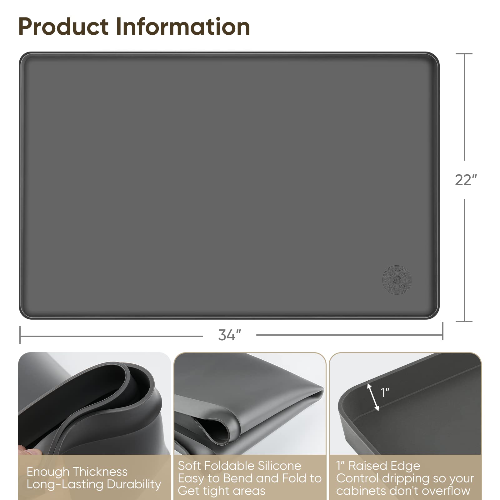 Under Sink Mat for Kitchen Waterproof, 34”×22” Silicone Under Sink Liner for 36" Cabinet, Flexible Thick Cabinet Protection Mat, Drips Leaks Spills Protector, Cabinet Liner for Kitchen Bathroom