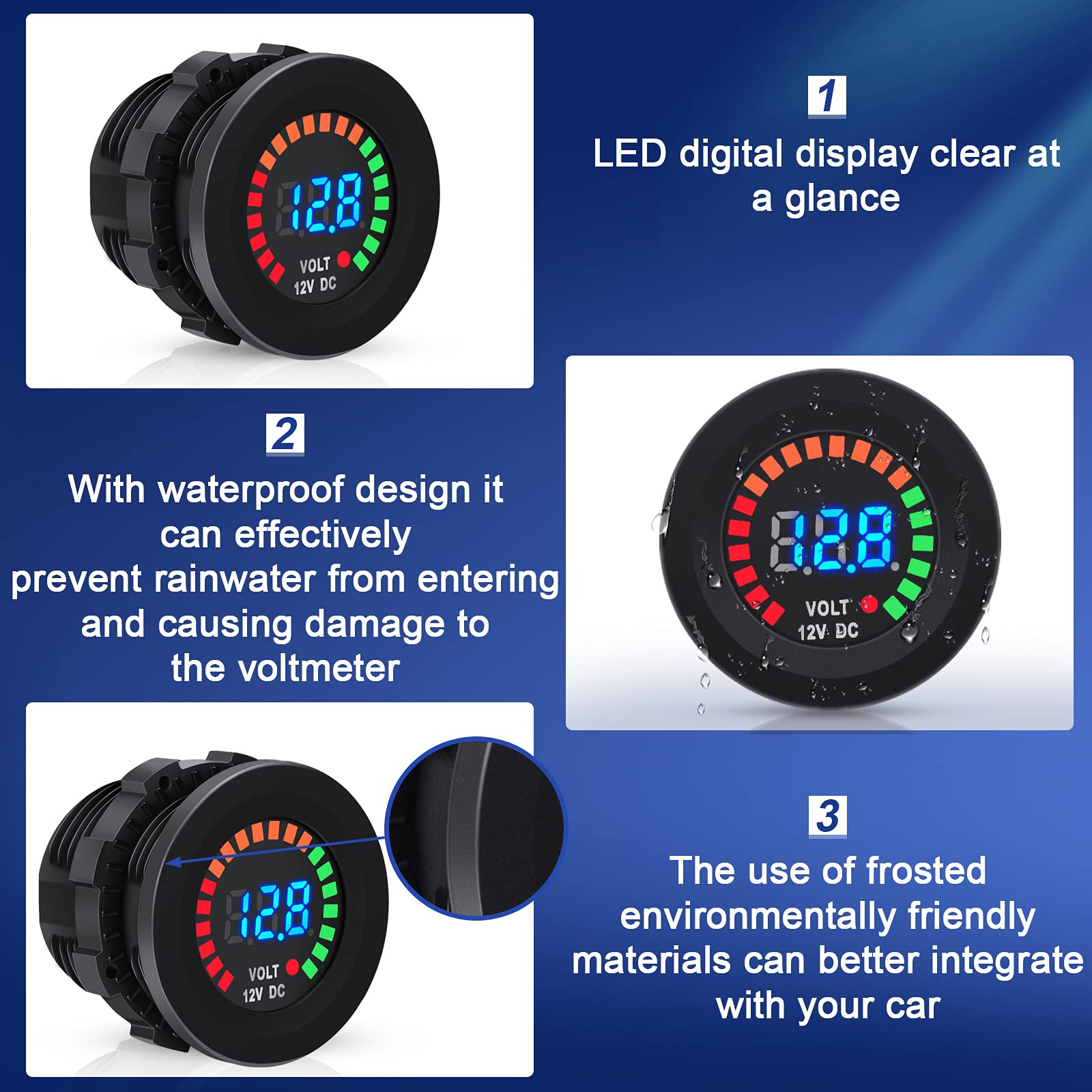 2 Pcs DC 12V Waterproof LED Digital Display Voltage Gauges Round Panel Car Voltmeters with Terminals Waterproof Voltmeter Battery Tester with Blue Light for Boat Marine Car Motorcycle