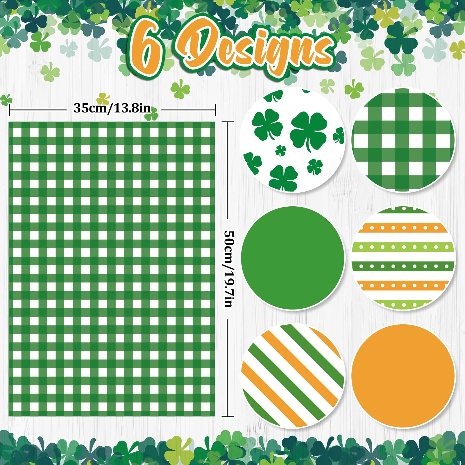 Whaline 90 Sheet St. Patrick's Day Tissue Paper Shamrock Green Orange White Stripe Plaids Art Tissue Paper 6 Design Irish Spring Holiday Wrapping Paper for Gift Packing DIY Crafts, 13.8 x 19.7in