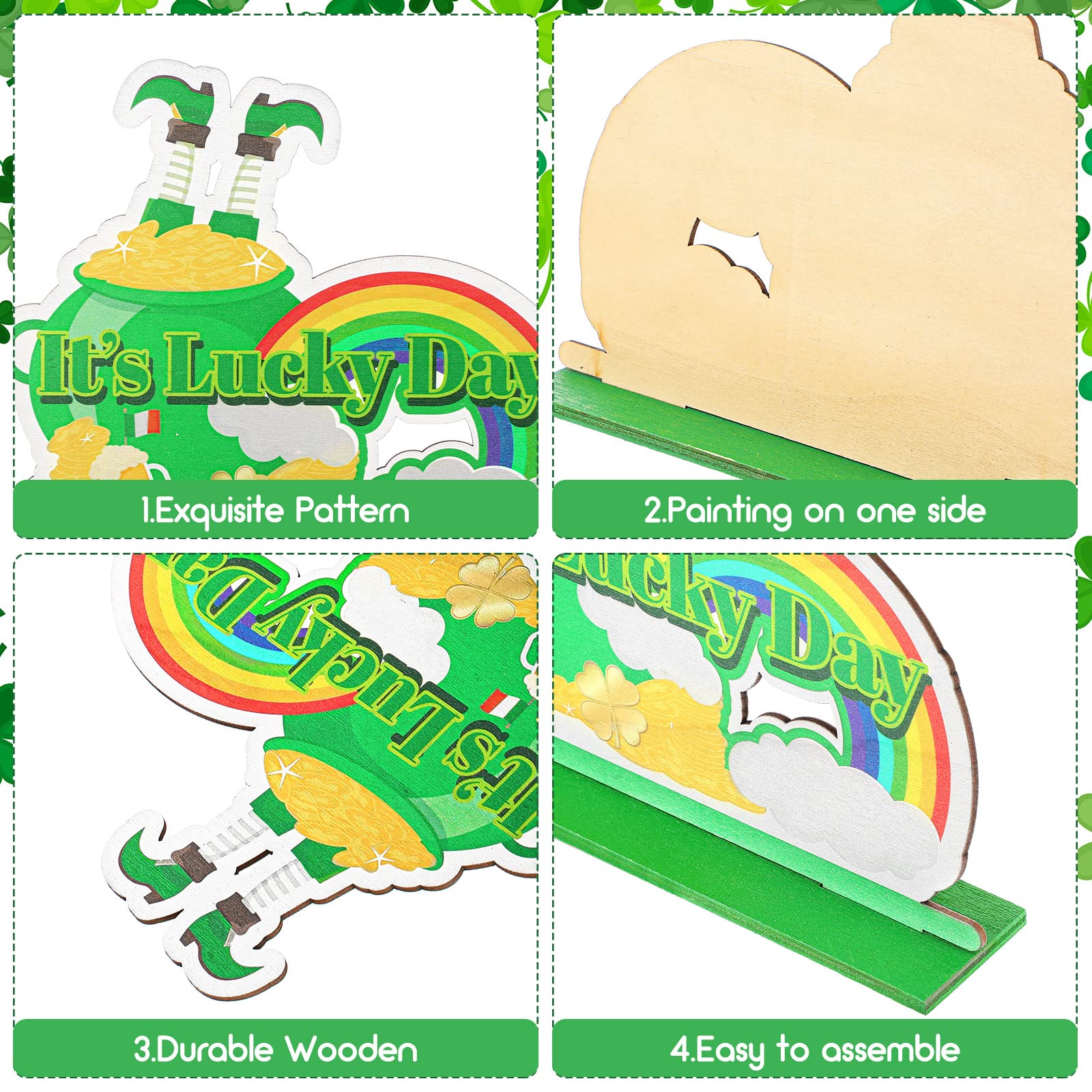 5 Pcs St. Patrick's Day Table Decorations St. Patrick Lucky Table Sign Shamrocks Green Truck Leprechaun Table Ornaments Wooden St. Patrick Table Centerpiece for St Patrick's Day Home Party Decor