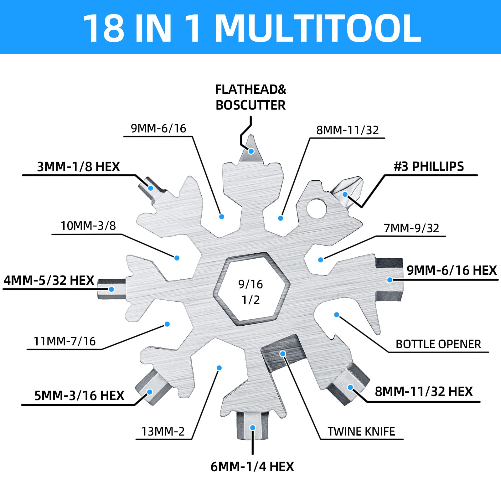 Snowflake Multitool 2PCS 18-in-1 Stainless Steel Snowflake Multi Tool Keychain Tool Gadgets for Outdoor Travel Camping Daily Mens Gifts