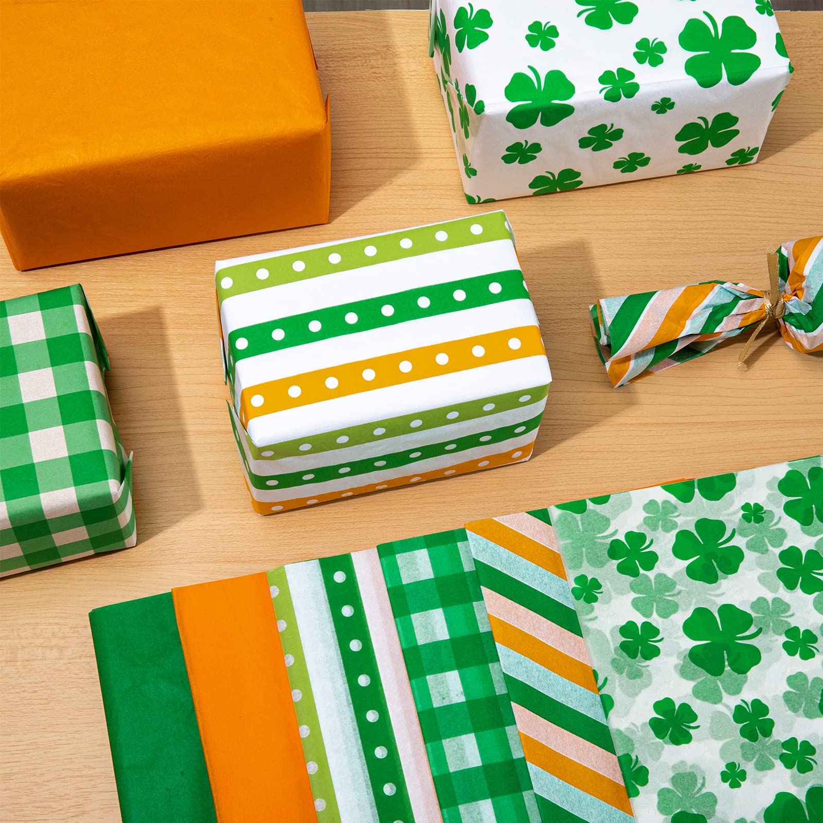 Whaline 90 Sheet St. Patrick's Day Tissue Paper Shamrock Green Orange White Stripe Plaids Art Tissue Paper 6 Design Irish Spring Holiday Wrapping Paper for Gift Packing DIY Crafts, 13.8 x 19.7in