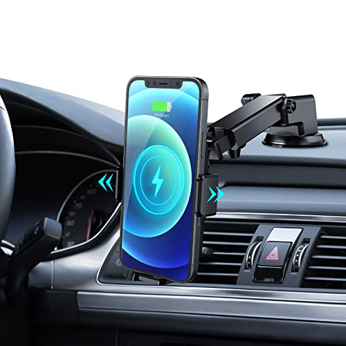 Wireless Car Charger Mount,10W Qi Fast Charging Auto-Clamping Cell Phone Holders, Air Vent Windshield Dashboard Car Phone Mount,Long Arm Suction Cup Phone Holder Compatible with All Mobile Phones