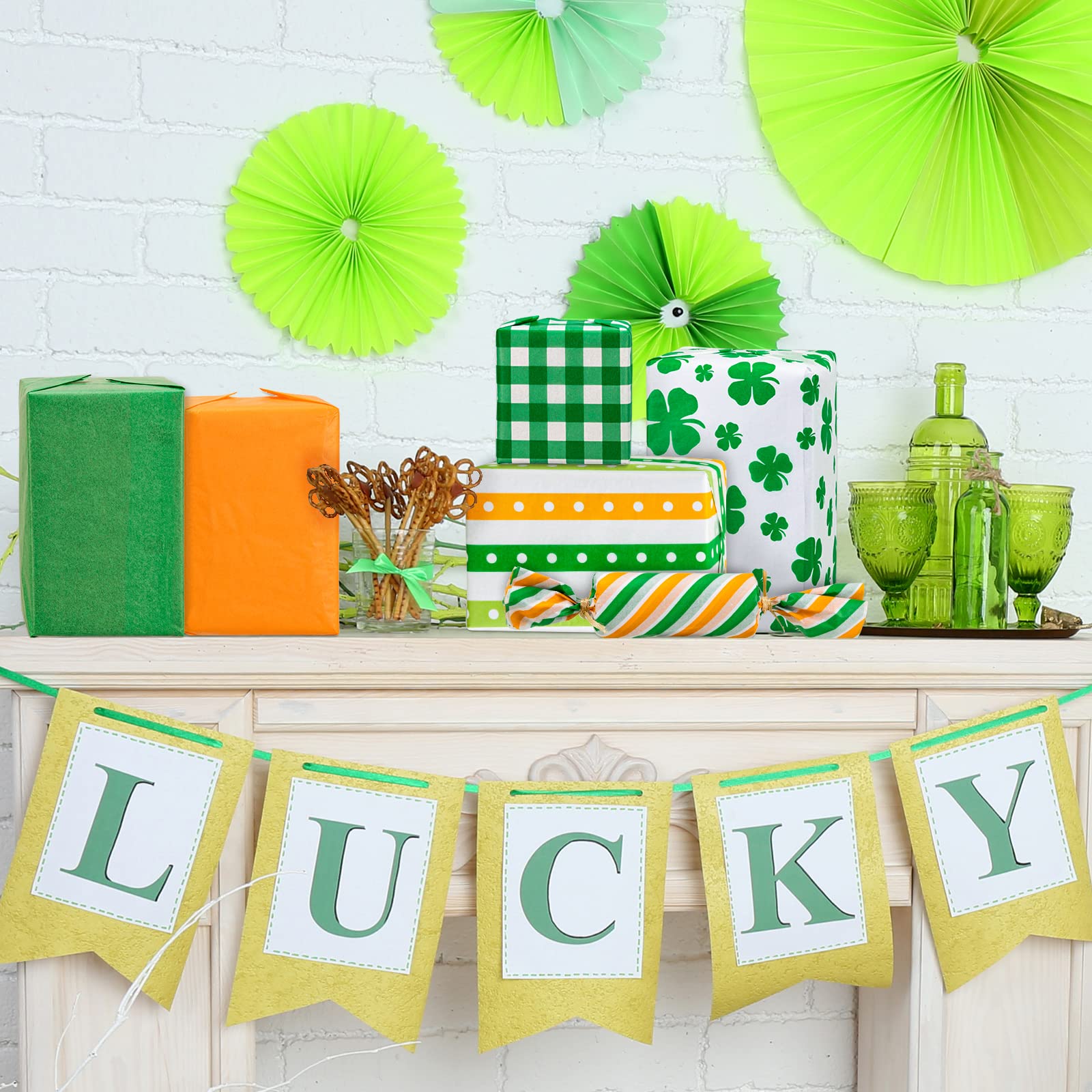 Whaline 90 Sheet St. Patrick's Day Tissue Paper Shamrock Green Orange White Stripe Plaids Art Tissue Paper 6 Design Irish Spring Holiday Wrapping Paper for Gift Packing DIY Crafts, 13.8 x 19.7in