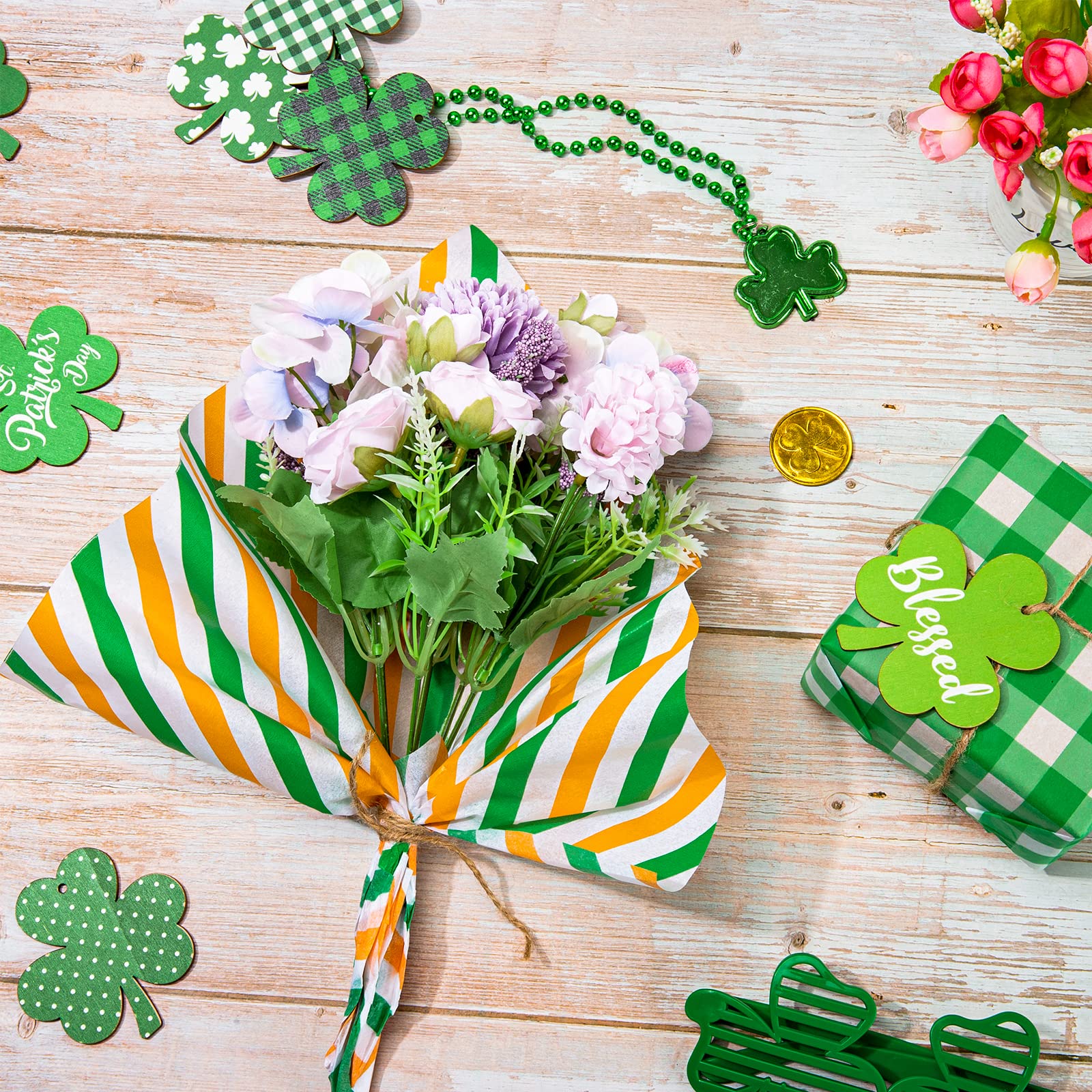 Whaline 90 Sheet St. Patrick's Day Tissue Paper Shamrock Green Orange White Stripe Plaids Art Tissue Paper 6 Design Irish Spring Holiday Wrapping Paper for Gift Packing DIY Crafts, 13.8 x 19.7in