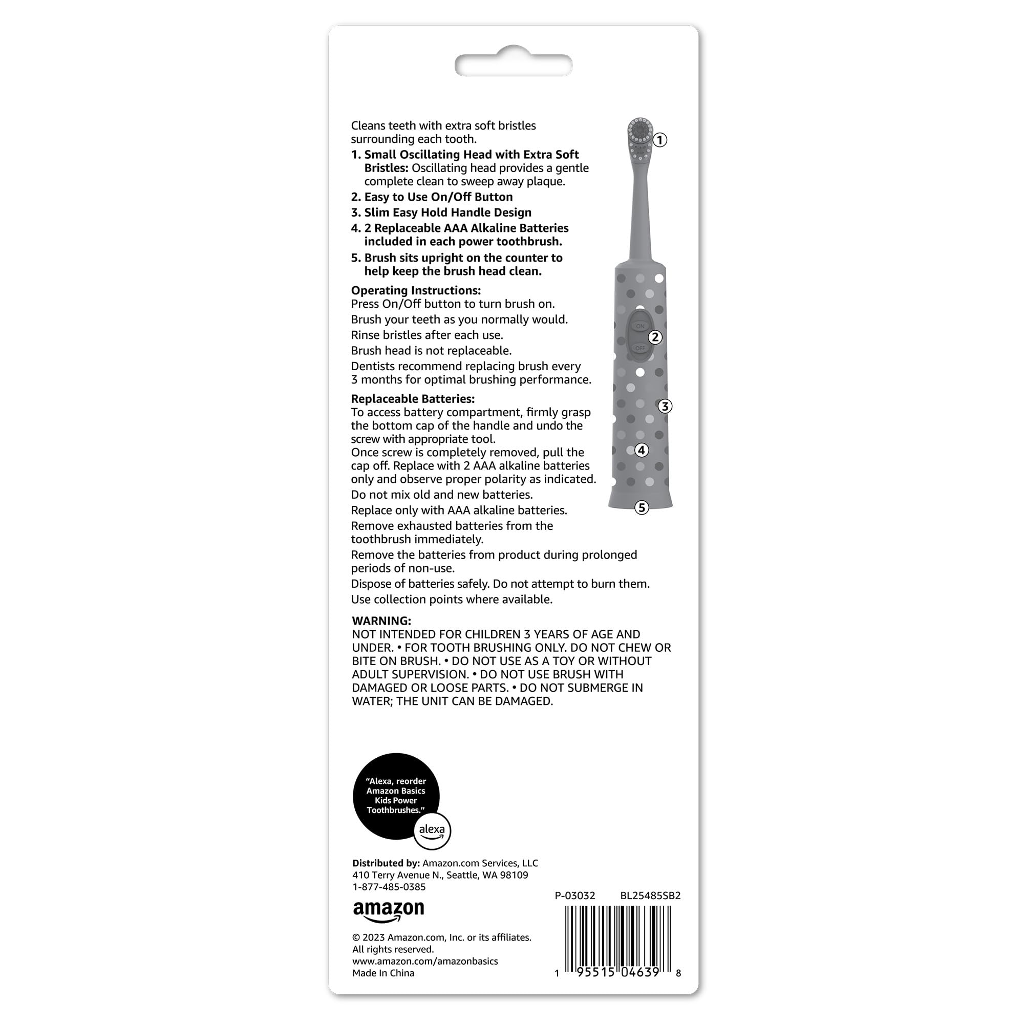Amazon Basics Kids Battery Powered Toothbrush, 2 Count, 1 Pack (Previously Solimo)