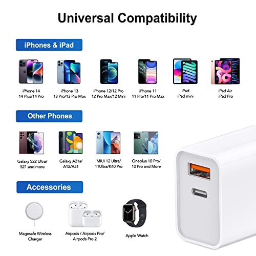 3 Pack 20W USB C Fast Charger, Dual Port PD Power Delivery + Quick Charger 3.0 Wall Charger Block Plug Cube for iPhone 14/14 Plus/14 Pro Max/13/12 Pro Max/Mini/11/XS/XR/X, iPad, Samsung, LG