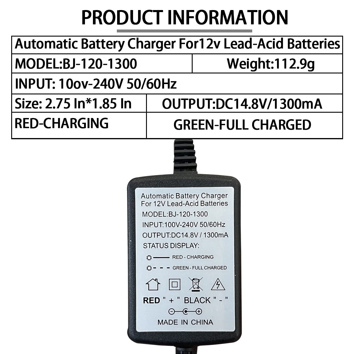 12V Sealed Lead Acid Battery Charger, 1300mA SLA Charger Adapter, Short Circuit Protection and LED Indicator Light, Automotive Accessories for Car, SUV, Tractor, Motorcycle