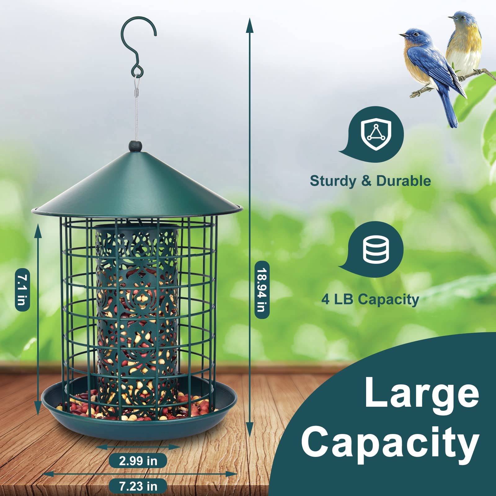 Gaprass Squirrel Proof Bird Feeders, Metal Bird Feeders for Outdoors Hanging, Bird Feeder for 360°Feeding Area for Wild Birds, Chew Proof & Rust Proof, 4lbs Capacity - Green