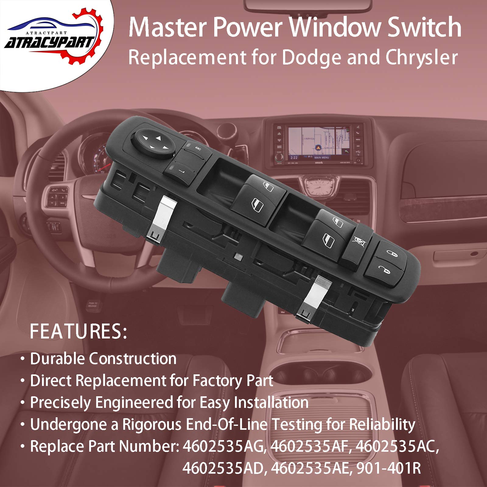 Master Power Window Switch Front Left Driver Side | 3 PINS + 0 PIN | Replacement for 2008-2009 Chrysler Town & Country Dodge Grand Caravan | Replaces# 4602535AG, 4602535AF, 4602535AC, 901-401R
