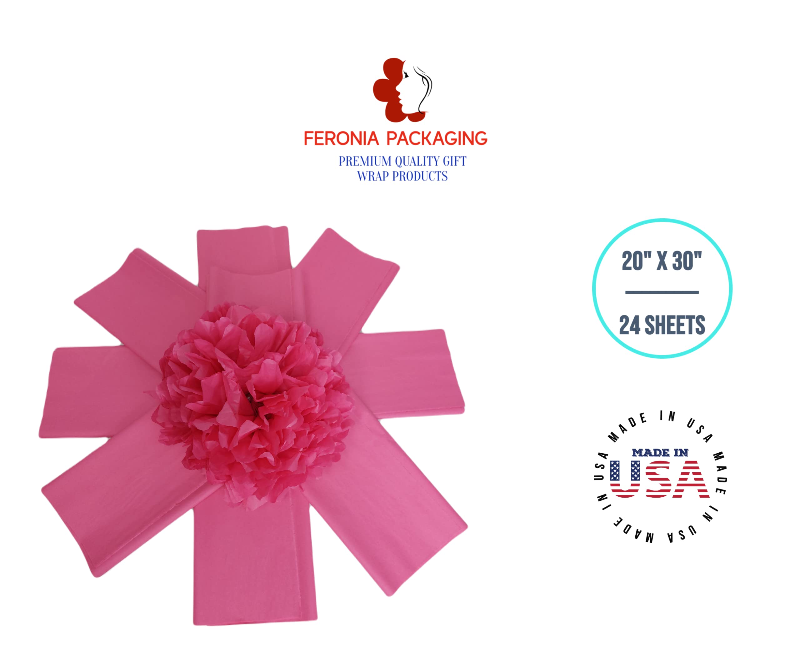 Hot Pink Tissue Paper Squares, Bulk 24 Sheets, Premium Gift Wrap and Art Supplies for Birthdays, Holidays, or Presents by Feronia packaging, Large 20 Inch x 30 Inch