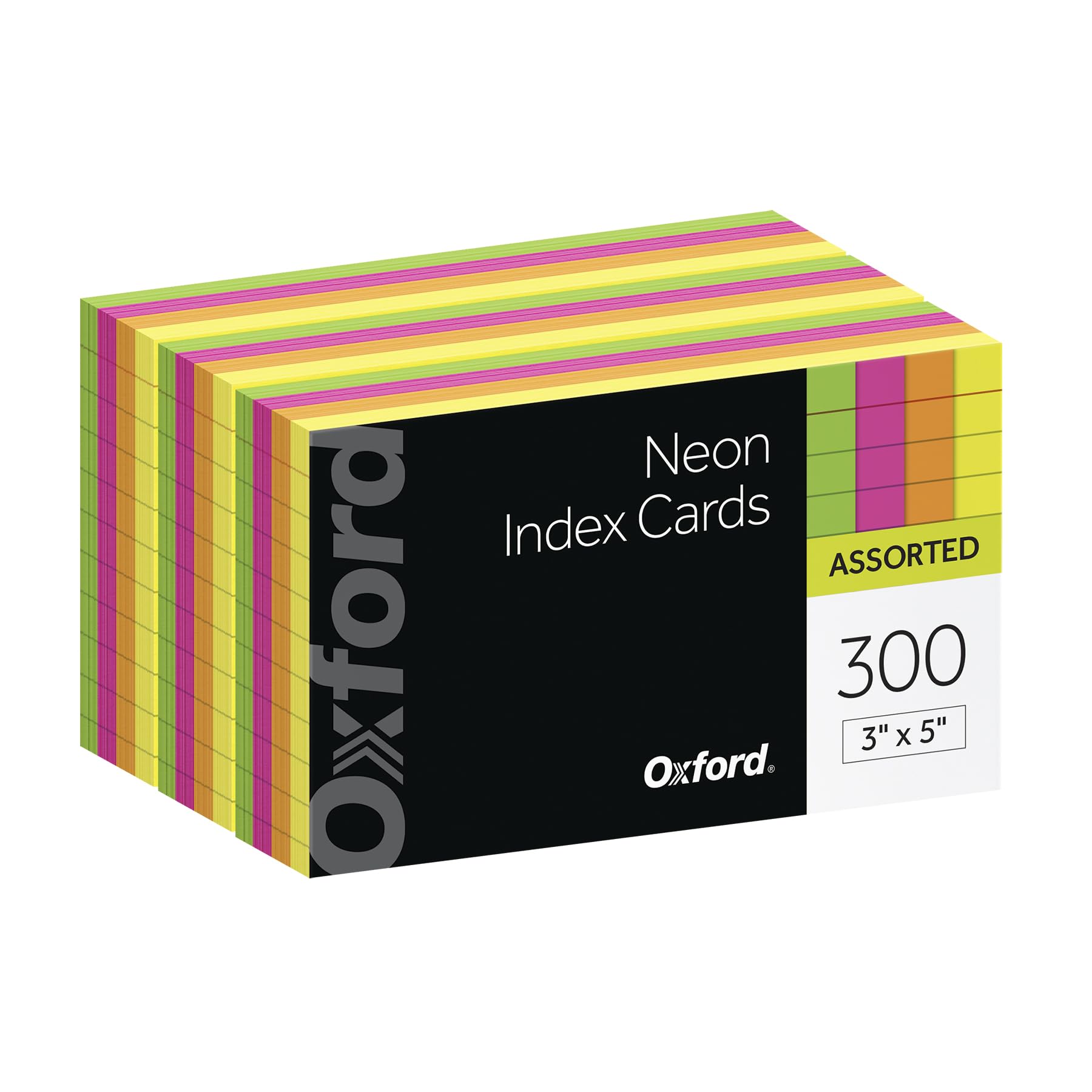 Oxford Neon Index Cards, 3" x 5", Ruled, Assorted Colors, 300 Per Pack (81300EE)