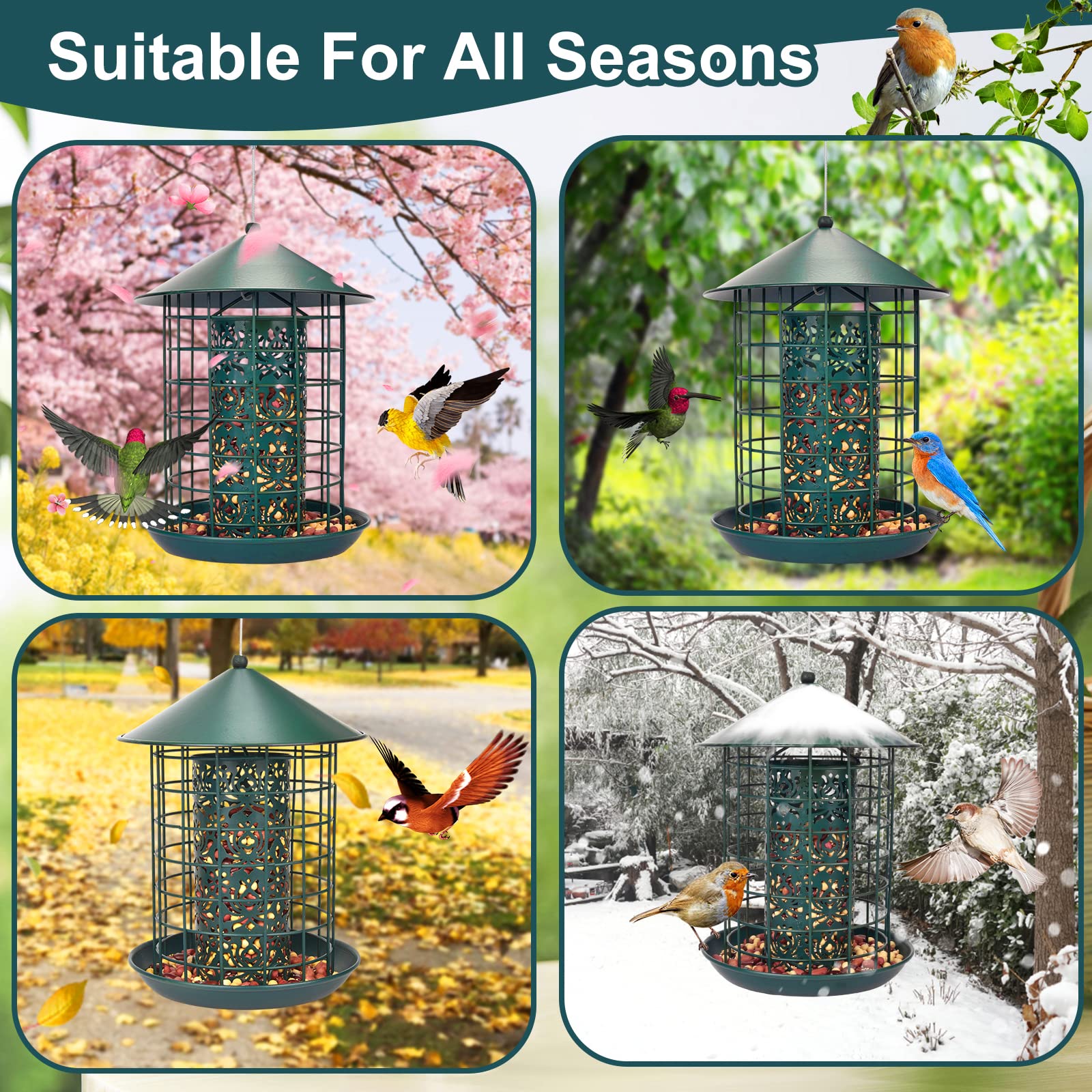 Gaprass Squirrel Proof Bird Feeders, Metal Bird Feeders for Outdoors Hanging, Bird Feeder for 360°Feeding Area for Wild Birds, Chew Proof & Rust Proof, 4lbs Capacity - Green