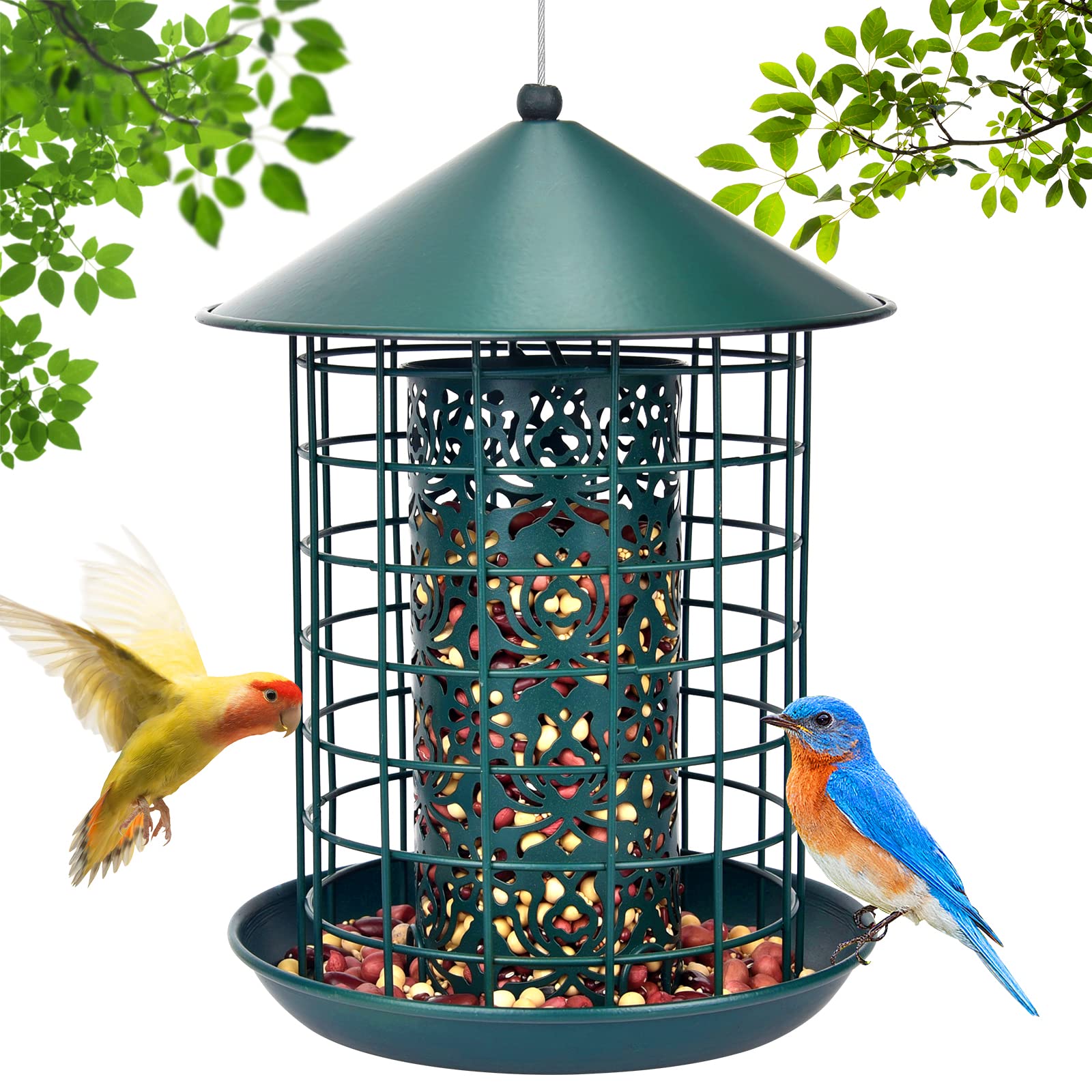 Gaprass Squirrel Proof Bird Feeders, Metal Bird Feeders for Outdoors Hanging, Bird Feeder for 360°Feeding Area for Wild Birds, Chew Proof & Rust Proof, 4lbs Capacity - Green