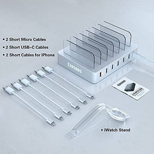 Fastest Charging Station with QC Quick Charge 3.0, COSOOS 63W 12A 6-Port USB Charging Station for Multiple Devices with 6 Mixed Short Cables & lWatch Stand,Multi Charger Station for Cell Phone,Tablet
