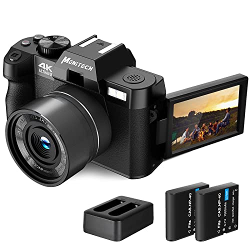 Monitech Digital Camera 4K 48MP Vlogging Camera, Cameras for Photography and YouTube, 16X Digital Zoom, with 180° Flip Screen,2 Batteries, 32GB TF Card