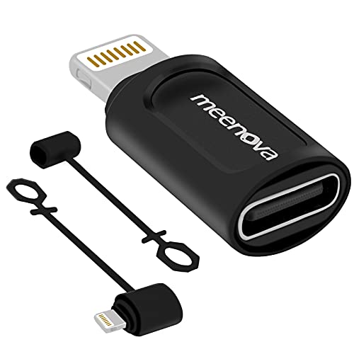 2Pack, Meenova USB C Female to iOS 15 Male Charging Converter, 2.4A12W for iPhone 13 Mini, Pro Max, 12, 11, Xs, Sync Data,Compatible with eMarker PD Type-C Cable,Anti-Lost Rubber Keeper Attach to Cord