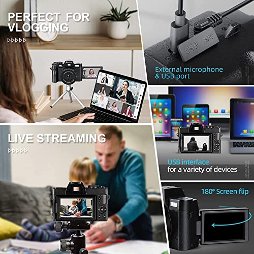 Monitech Digital Camera 4K 48MP Vlogging Camera, Cameras for Photography and YouTube, 16X Digital Zoom, with 180° Flip Screen,2 Batteries, 32GB TF Card