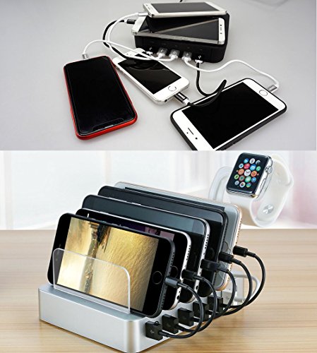 Fastest Charging Station with QC Quick Charge 3.0, COSOOS 63W 12A 6-Port USB Charging Station for Multiple Devices with 6 Mixed Short Cables & lWatch Stand,Multi Charger Station for Cell Phone,Tablet