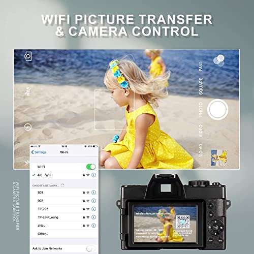 Monitech Digital Camera 4K 48MP Vlogging Camera, Cameras for Photography and YouTube, 16X Digital Zoom, with 180° Flip Screen,2 Batteries, 32GB TF Card