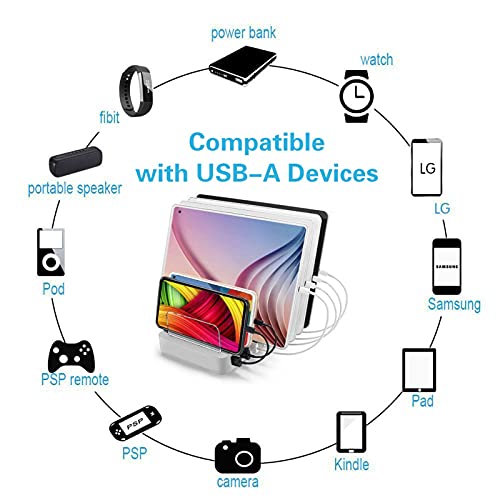 Fastest Charging Station with QC Quick Charge 3.0, COSOOS 63W 12A 6-Port USB Charging Station for Multiple Devices with 6 Mixed Short Cables & lWatch Stand,Multi Charger Station for Cell Phone,Tablet