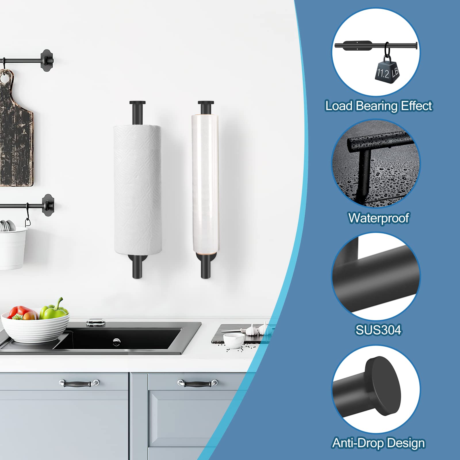 Elyum 2 Pack Paper Towel Holder Sturdy and Durable Black Paper Towel Holder Self Adehesive or Drilling Kitchen Towel Holder Paper Towel Holder Countertop for Bathroom, Kitchen(13Inch, Black)