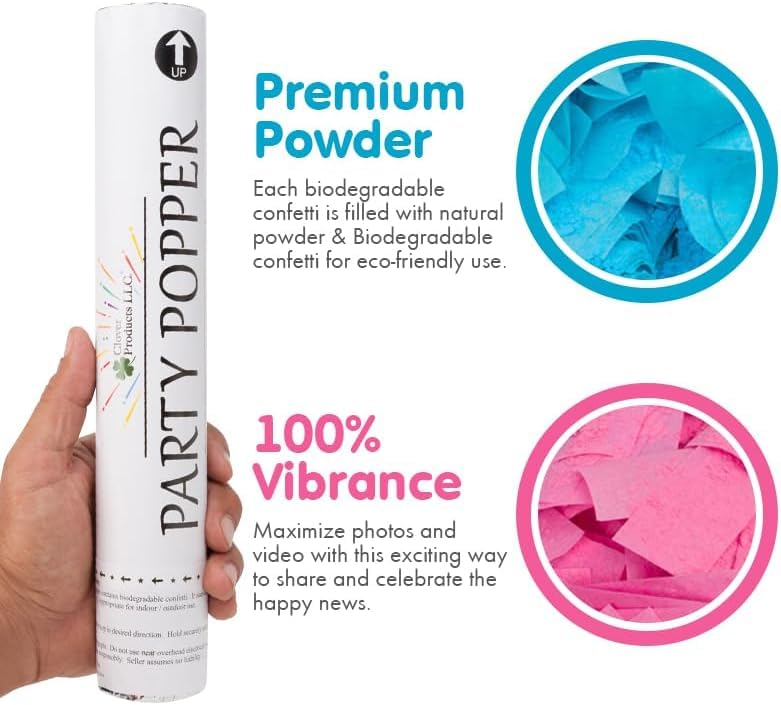 Clover Products Premium Gender Reveal Powder Cannon – 4 Pack Includes 2 Pink and 2 Blue | 12 Inch Gender Reveal Poppers | Compressed Air Powered | Make Your Announcement Unforgettable | Each Box Contains a FREE “It’s a Girl” and “It’s a Boy” Balloon.