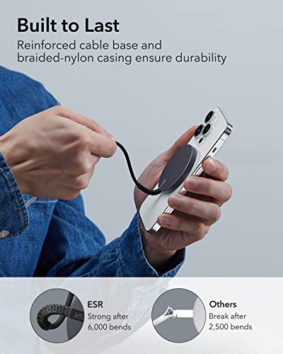 ESR Magnetic Travel Wireless Charging Pad, Portable Charger, Compatible with MagSafe Charger for iPhone 14/14 Plus/14 Pro/14 Pro Max/13/12 Series, Strong Magnetic Lock, Reinforced Braided Nylon Cable