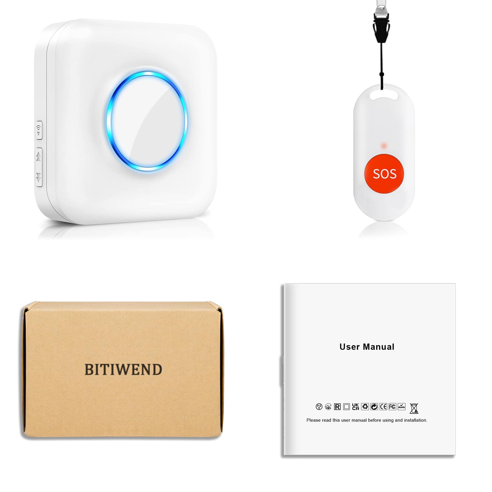 Caregiver Pager for Elderly, BITIWEND Wireless Call Button Personal Safety Alarm 600ft Range Smart Patient Help System Waterproof for Home/Elderly/Patient/Disabled Nurse Calling Alert 58 Chimes