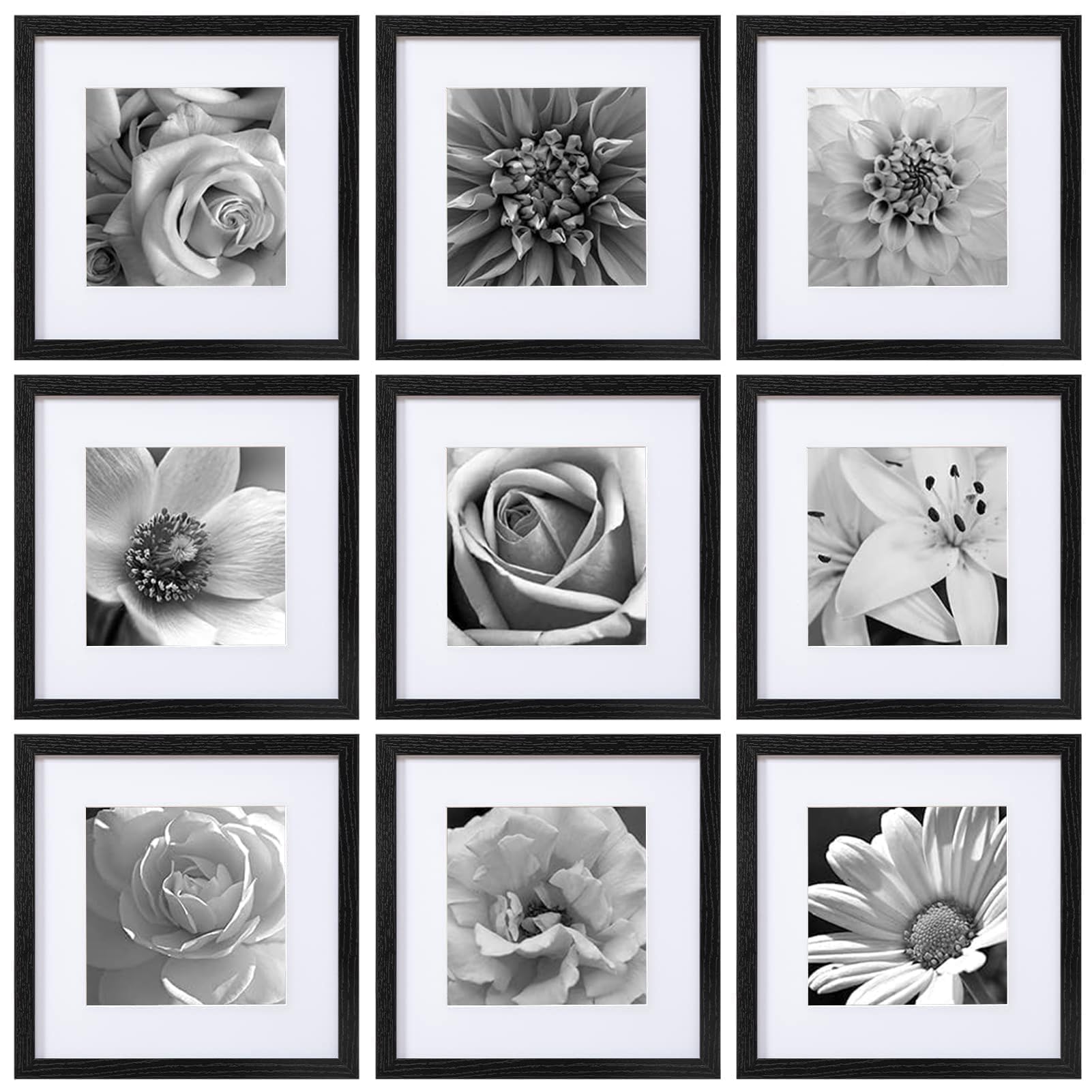 eletecpro 12x12 Picture Frames Black Set of 9, Wooden Square Frame Displays 8x8 with Mat and 12x12 without Mat, Poster Frame for Wall Hanging