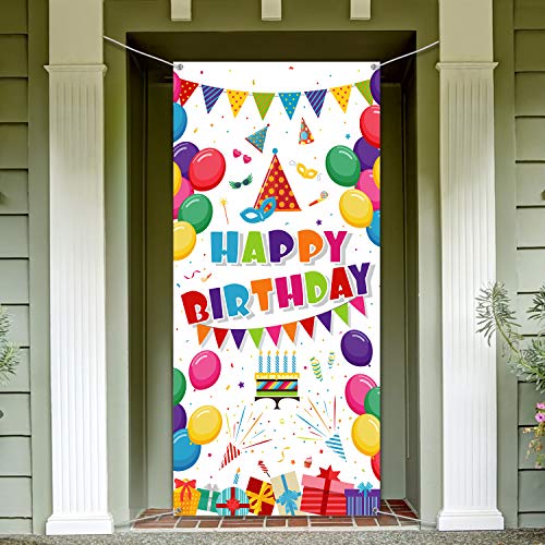 Kids Birthday Party Decorations, Colorful Balloons Present Happy Birthday Door Cover Washable Fabric Backdrop Banner Background for Newborn Baby Shower Celebration Supplies, 70.9 x 35.4 Inch
