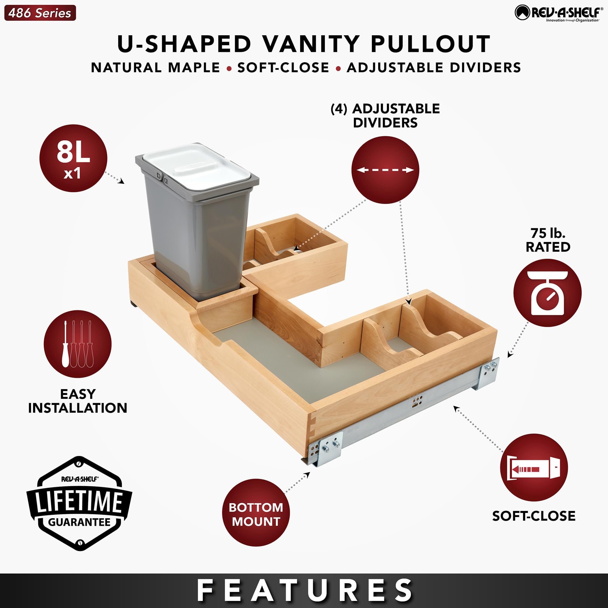 Innovative 30 Inch Vanity U-Shaped Undersink Base Cabinet Pullout Organizer Rev-A-Shelf 48630VSBSCBM1 Full Extension Soft-Close Slides