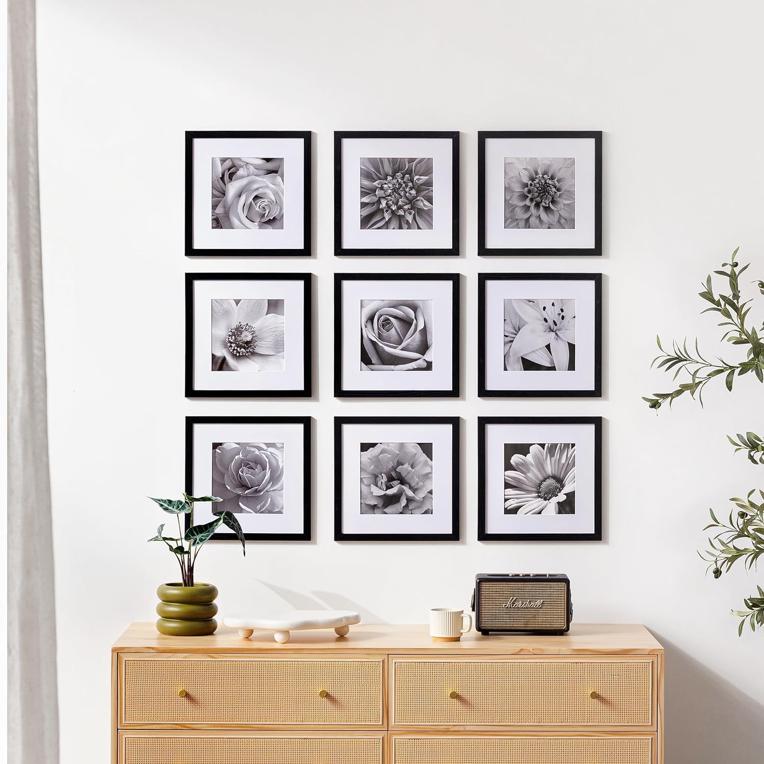 eletecpro 12x12 Picture Frames Black Set of 9, Wooden Square Frame Displays 8x8 with Mat and 12x12 without Mat, Poster Frame for Wall Hanging