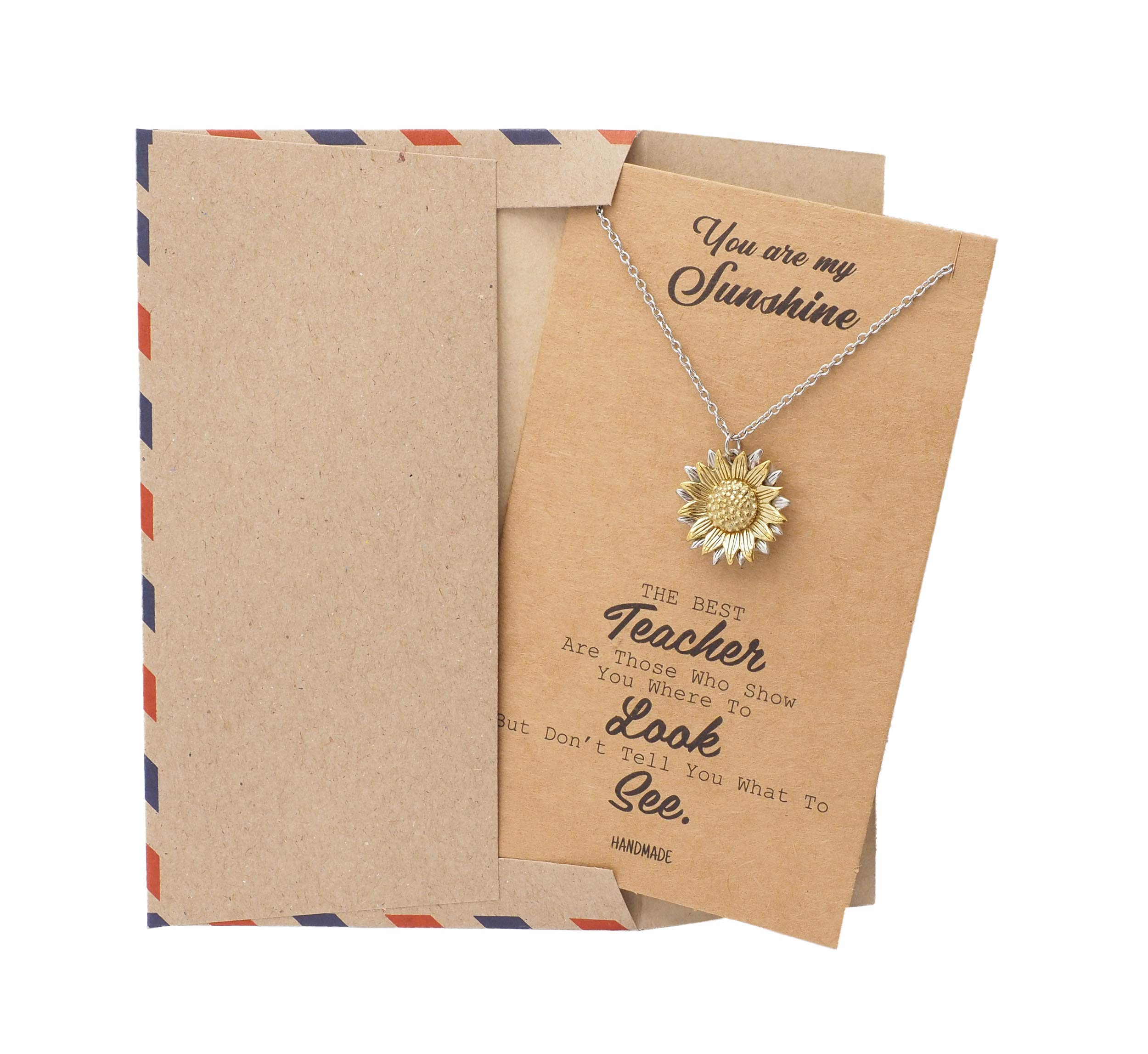quan jewelry Sunflower Necklace for Teacher with Inspirational Greeting Card (Two Tone)