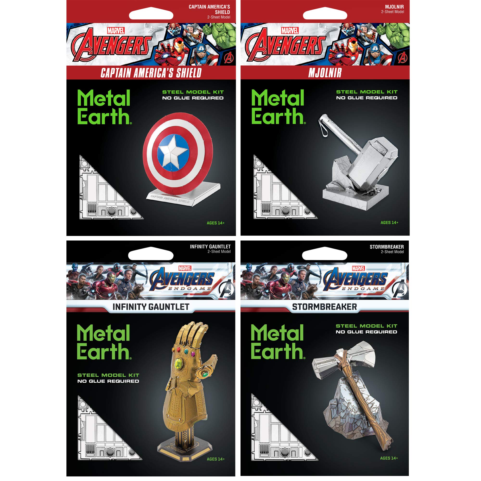 Metal Earth Fascinations 3D Metal Model Kits Set of 4 Marvel Avengers - Infinity Gauntlet - Stormbreaker - Thor Hammer - Captain America Shield
