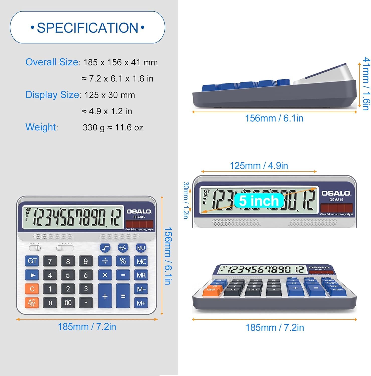 Desktop Calculator Extra Large 5-Inch LCD Display 12-Digit Big Number Accounting Calculator with Giant Response Button, Battery & Solar Powered, Perfect for Office Business Home Daily Use(OS-6815)