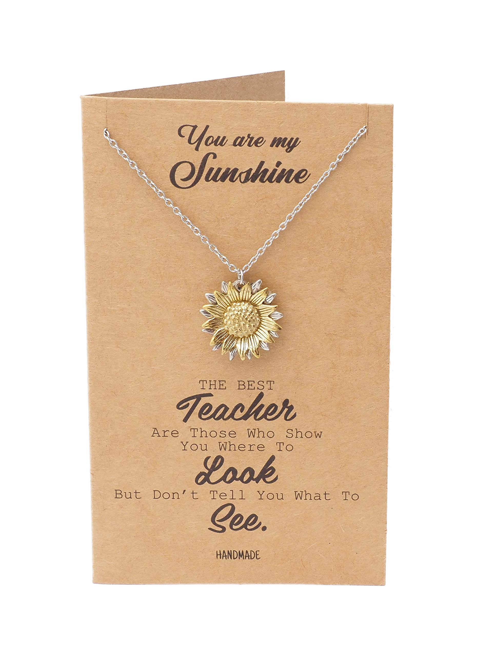 quan jewelry Sunflower Necklace for Teacher with Inspirational Greeting Card (Two Tone)