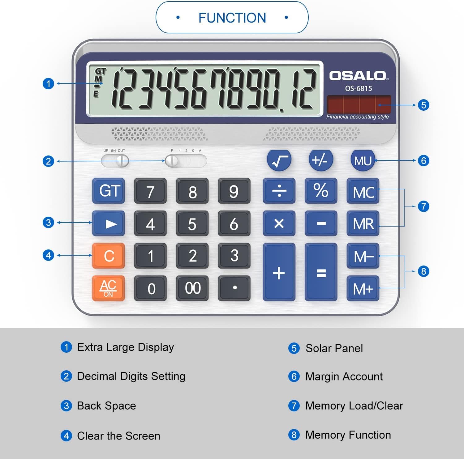 Desktop Calculator Extra Large 5-Inch LCD Display 12-Digit Big Number Accounting Calculator with Giant Response Button, Battery & Solar Powered, Perfect for Office Business Home Daily Use(OS-6815)