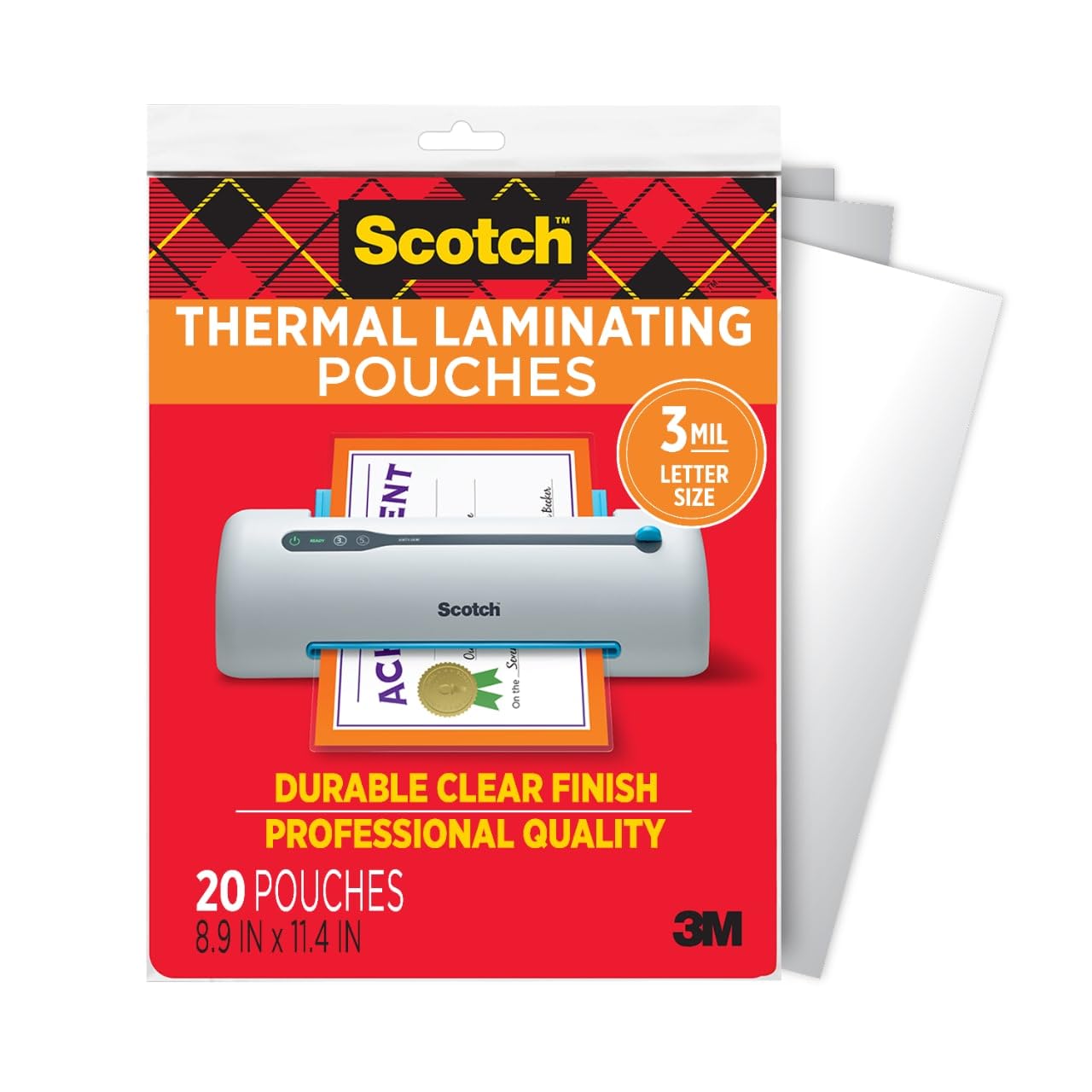 Scotch Thermal Laminating Pouches, 3 Mil thick, Durable, Clean Finish, Professional, Quality, 8.9 x 11.4-Inches, 20-Pack, Clear (TP3854-20)