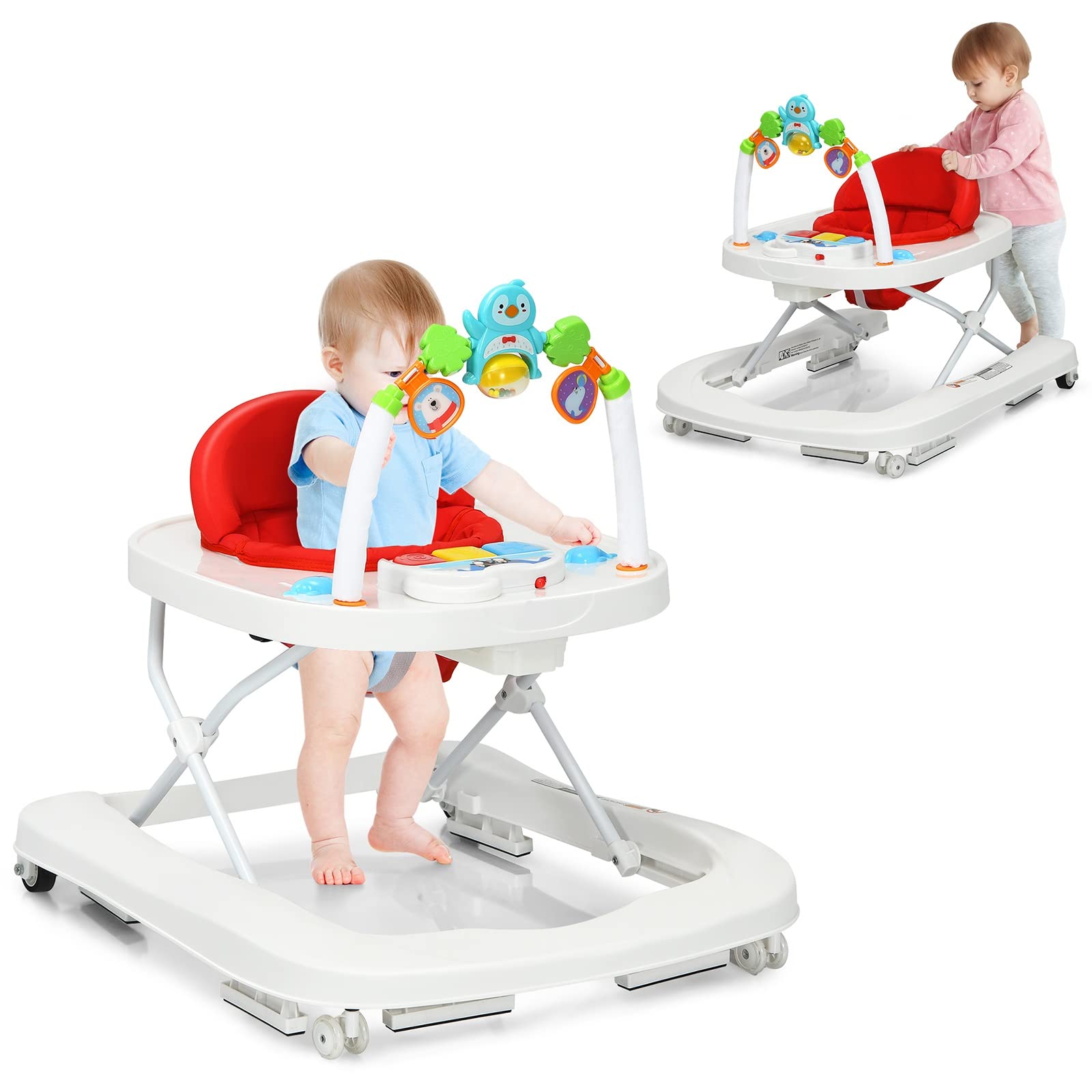 INFANS Foldable Activity Baby Walker, 2 in 1 Anti-Rollover Toddler Walker Helper with Adjustable Height and Speed Safety Belt, Music Center for Boys and Girls (Red)