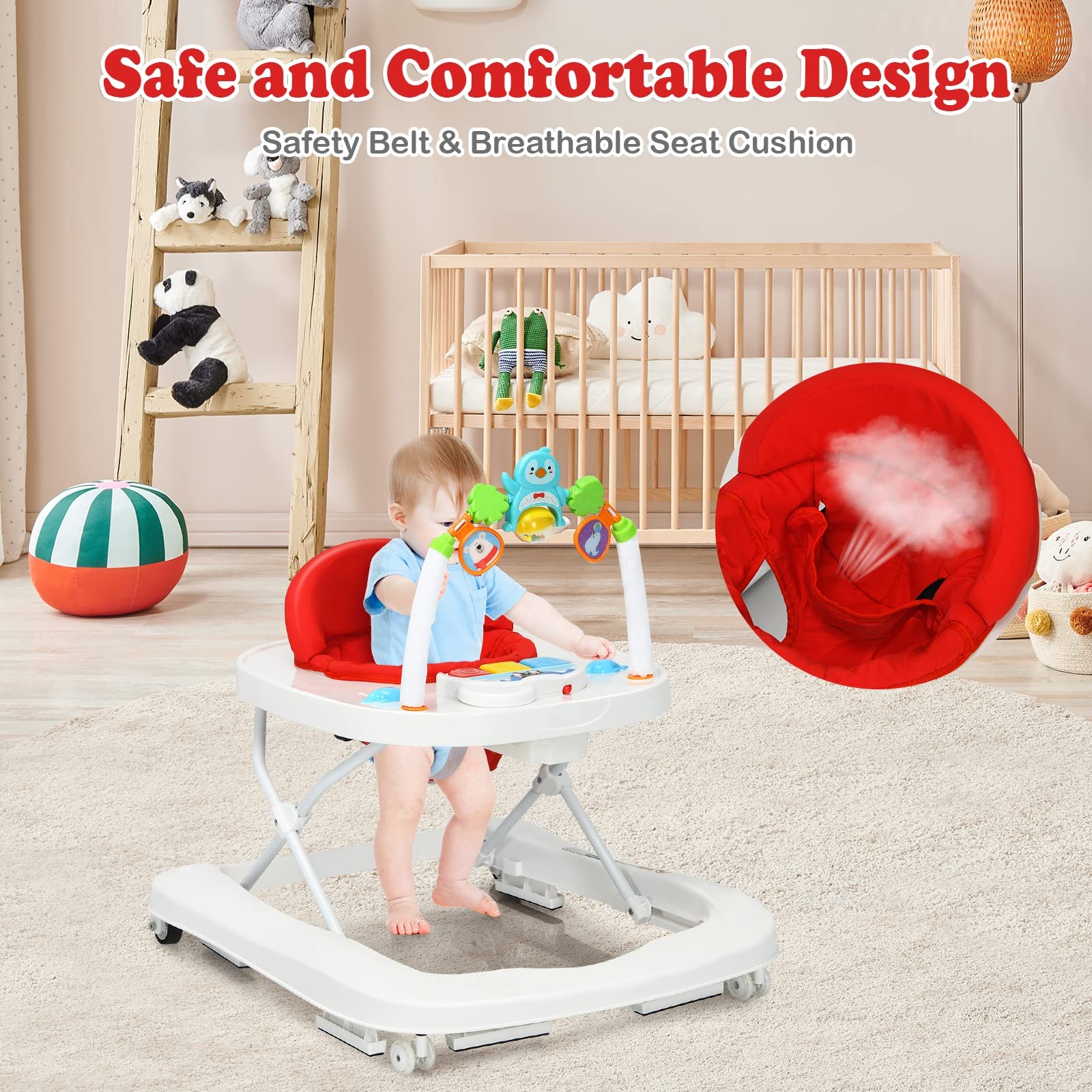 INFANS Foldable Activity Baby Walker, 2 in 1 Anti-Rollover Toddler Walker Helper with Adjustable Height and Speed Safety Belt, Music Center for Boys and Girls (Red)