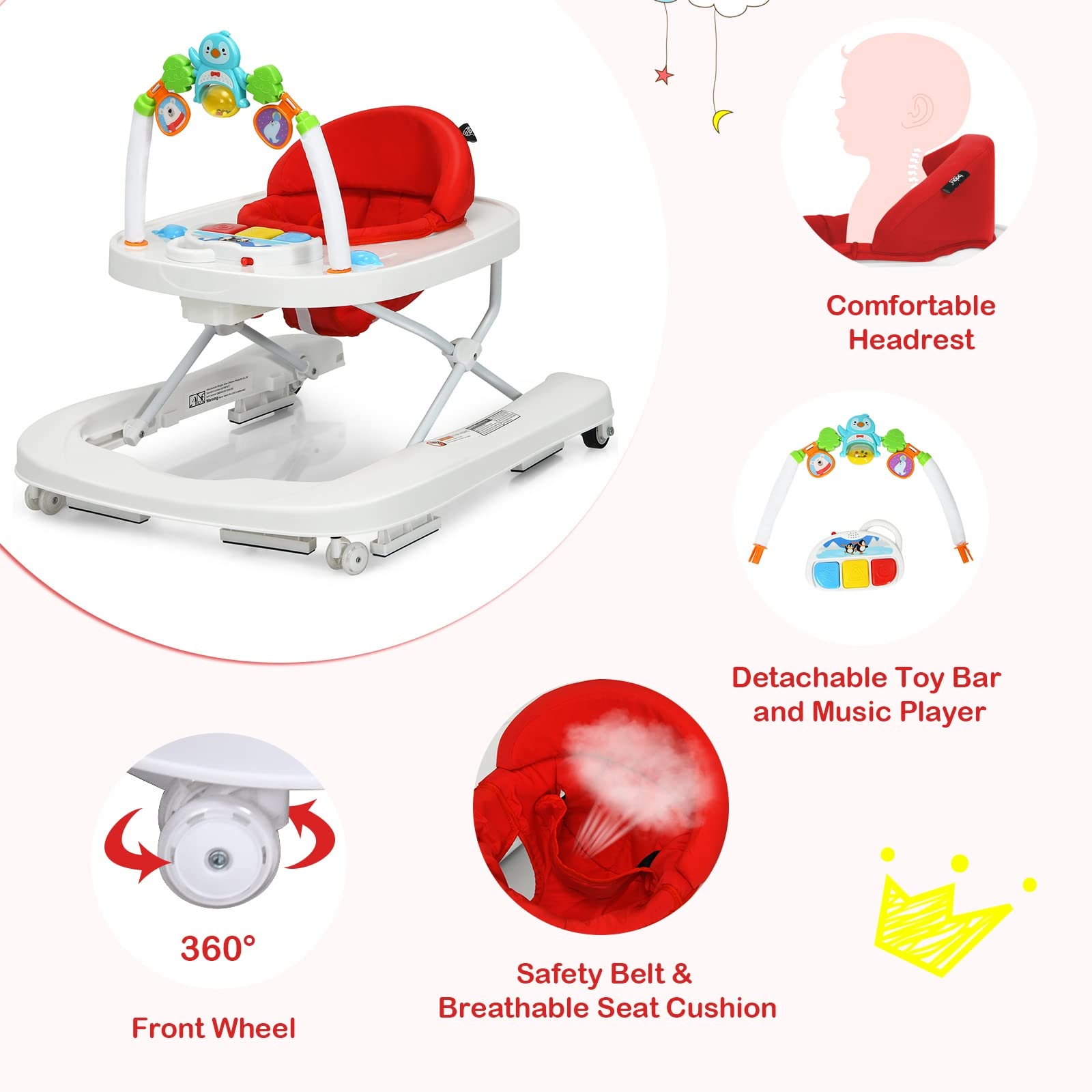 INFANS Foldable Activity Baby Walker, 2 in 1 Anti-Rollover Toddler Walker Helper with Adjustable Height and Speed Safety Belt, Music Center for Boys and Girls (Red)