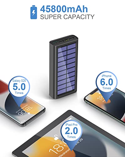 Portable Charger 45800mAh Solar Power Bank Camping Waterproof External Backup Charge with 2 Outputs & Type-C Inputs 2 LED Light Flashlight Backup Battery(Black)