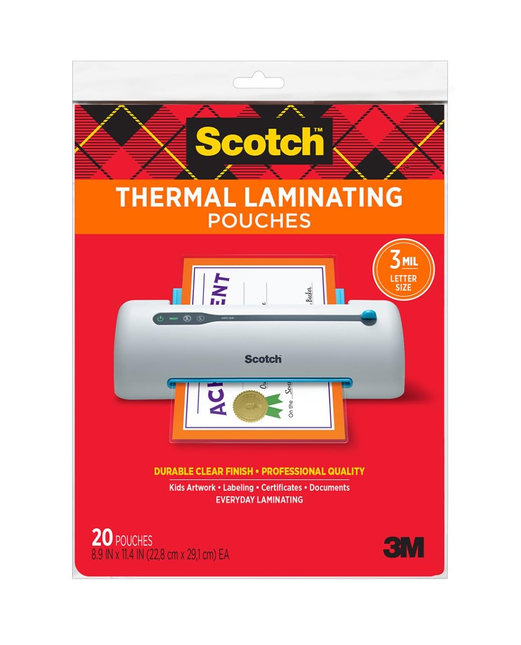 Scotch Thermal Laminating Pouches, 3 Mil thick, Durable, Clean Finish, Professional, Quality, 8.9 x 11.4-Inches, 20-Pack, Clear (TP3854-20)