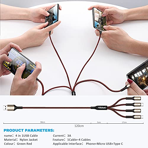 [ 2Pack 4FT] Multi Charging Cable Nylon Braided Universal 4 in 1 Multiple USB Cable Fast Charging ,With Dual Phone/USB-C/Micro-USB Port Adapter, Compatible with Cell Phones Tablets Universal Use