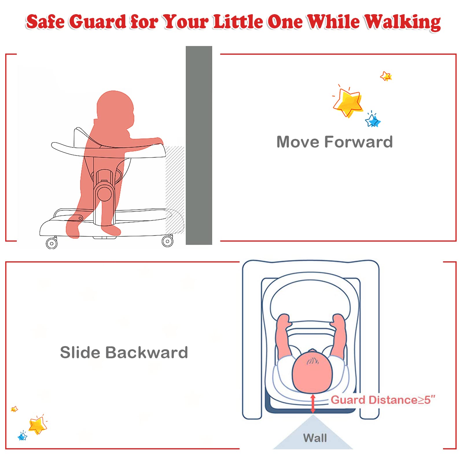 INFANS Foldable Activity Baby Walker, 2 in 1 Anti-Rollover Toddler Walker Helper with Adjustable Height and Speed Safety Belt, Music Center for Boys and Girls (Red)
