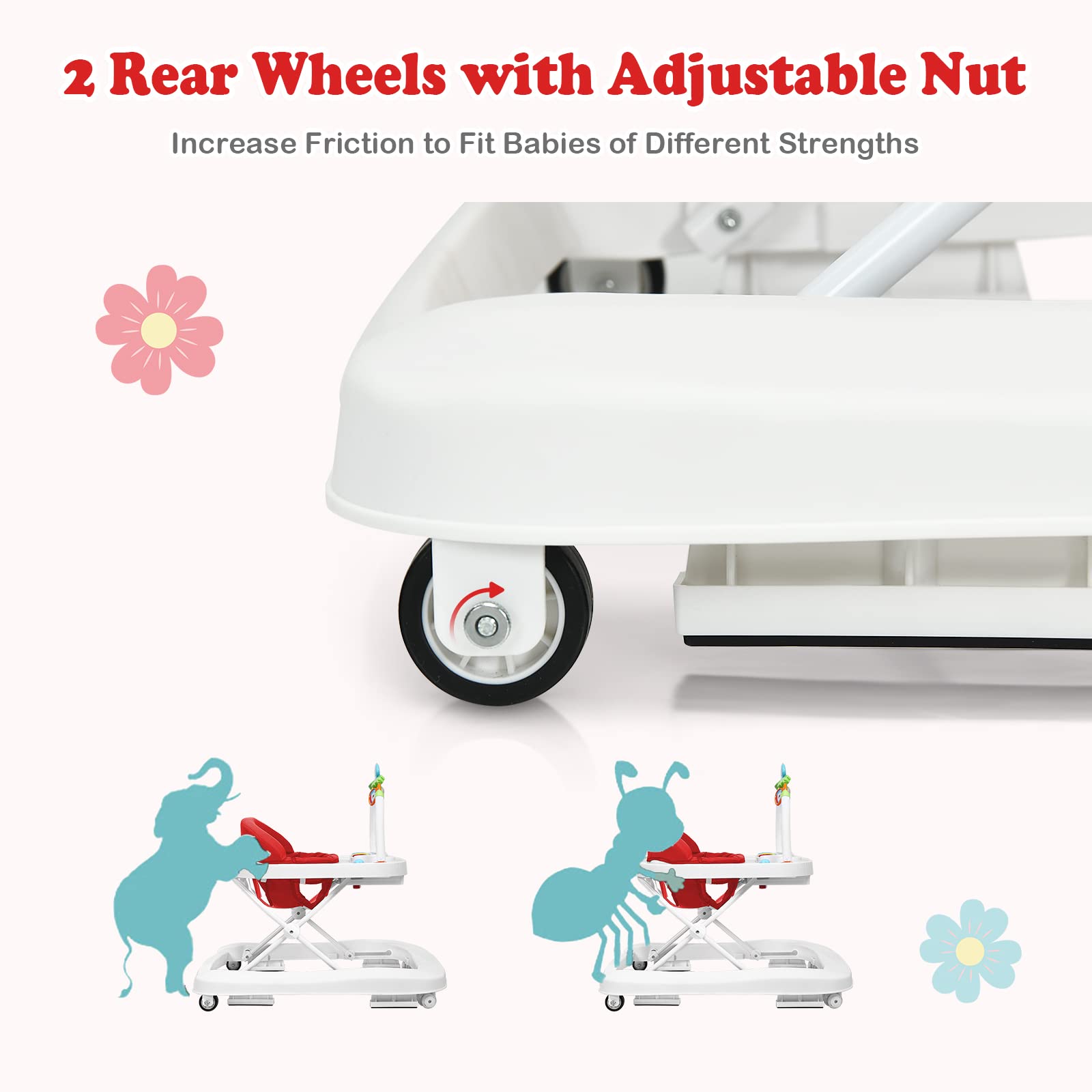 INFANS Foldable Activity Baby Walker, 2 in 1 Anti-Rollover Toddler Walker Helper with Adjustable Height and Speed Safety Belt, Music Center for Boys and Girls (Red)