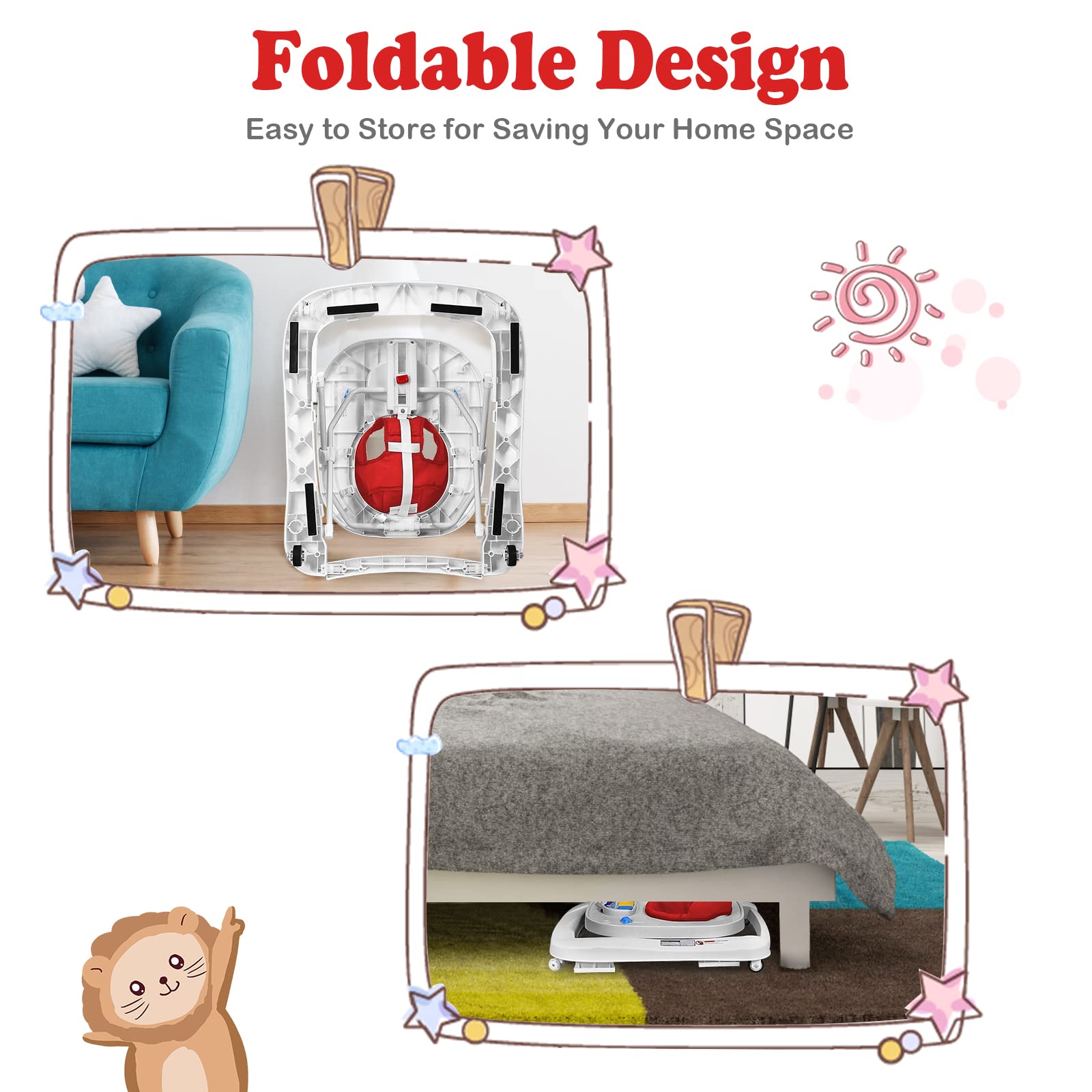 INFANS Foldable Activity Baby Walker, 2 in 1 Anti-Rollover Toddler Walker Helper with Adjustable Height and Speed Safety Belt, Music Center for Boys and Girls (Red)