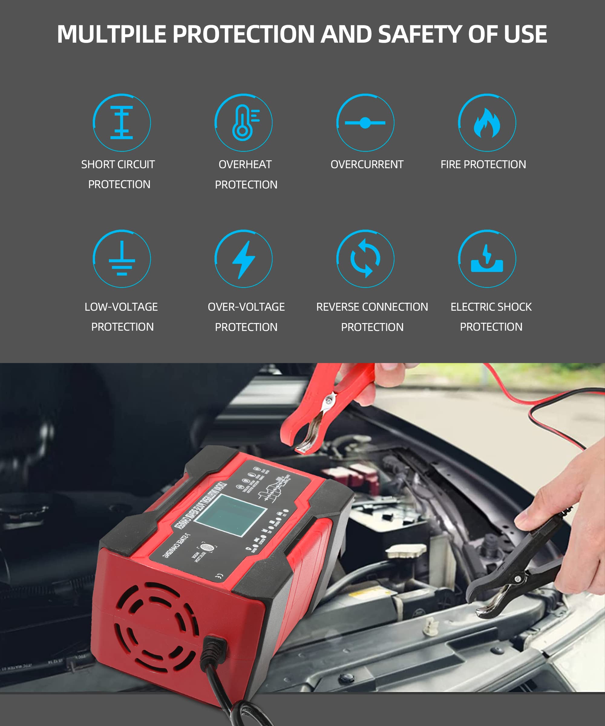 AOCISKA 8-Amp Car Battery Charger,12V and 24V Fully Automatic Smart Battery Charger,Battery Desulfator with Temperature, Trickle Charger for Car Truck Motorcycle Lawn Mower Boat